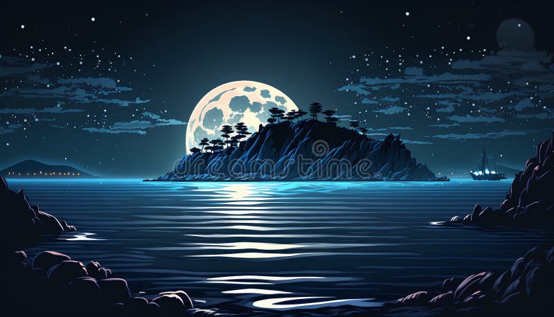 Night Sea Landscape with Island and Starry Sky. Vector Illustration ...