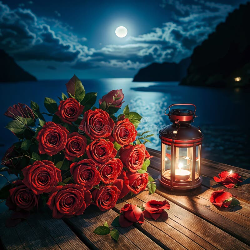 Night by the Sea: Red Roses Bouquet Illuminated by Lantern Light ...