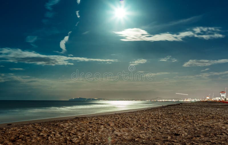 Night Seascape on Sand Beach and Full Moon Stock Image - Image of ...