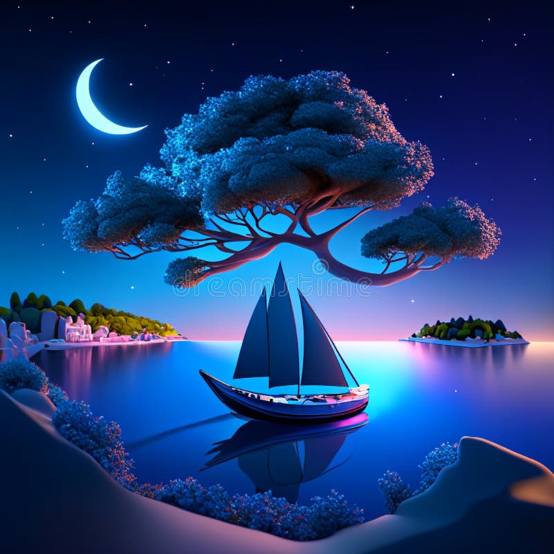 Night Seascape with a Ship and a Tree. Vector Illustration Generative ...