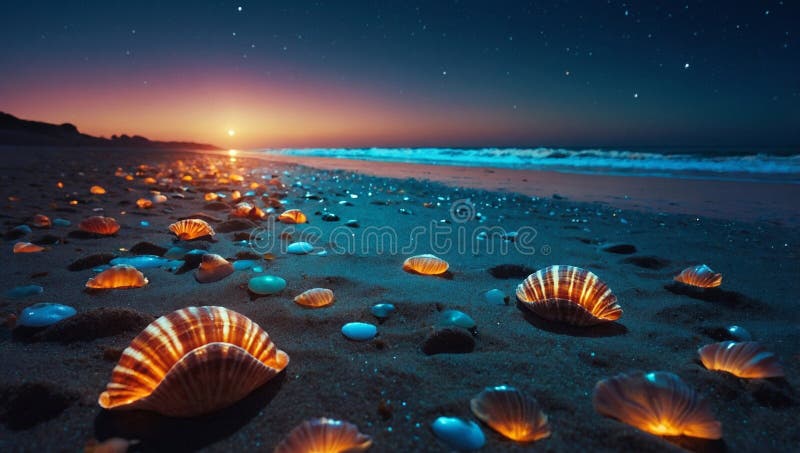 Night seashore on the sand stock illustration. Illustration of idyllic ...
