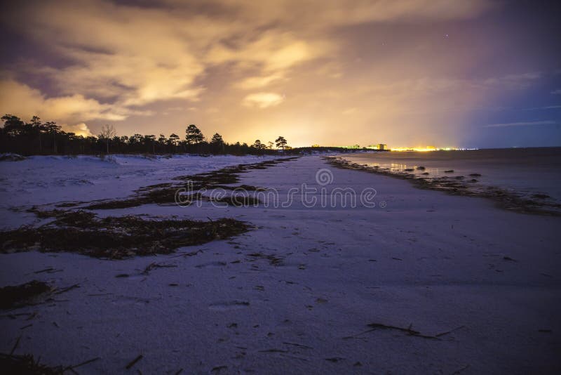Night Seaside City Lights Moonlight Stock Photo - Image of beautiful ...