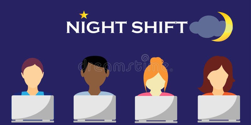 Four People Working in Front of Laptops, the Text Night Shift, Moon ...
