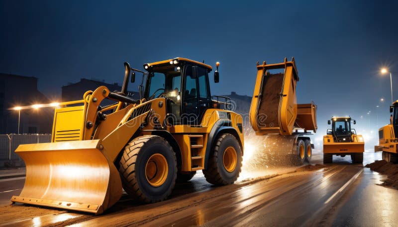 Night Shift Construction Vehicles in Action Stock Image - Image of ...