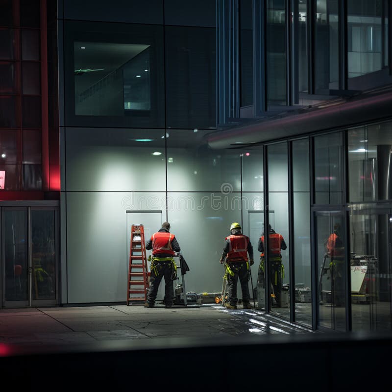 Night Shift: Construction Workers Maintaining a Glass Building Stock ...
