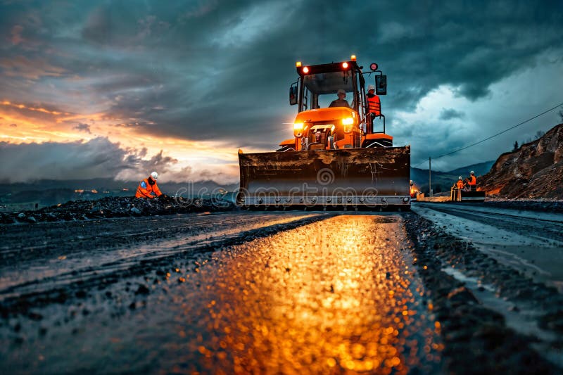 Night Shift Construction Workers Under Bright Floodlights Stock ...