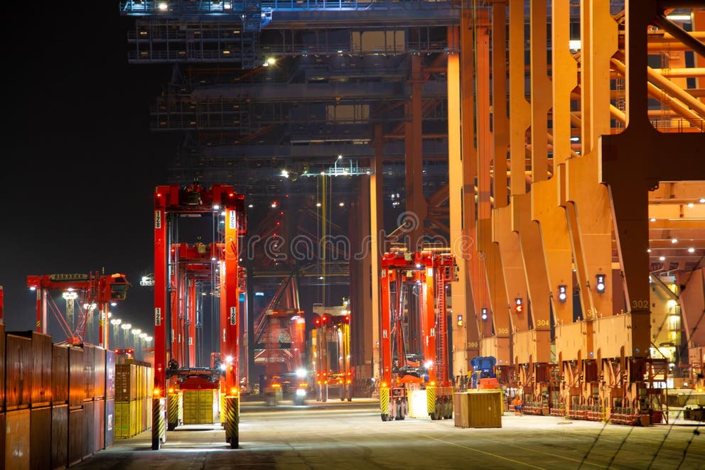 Night Shift in Container Terminal Harbor Stock Photo - Image of ...