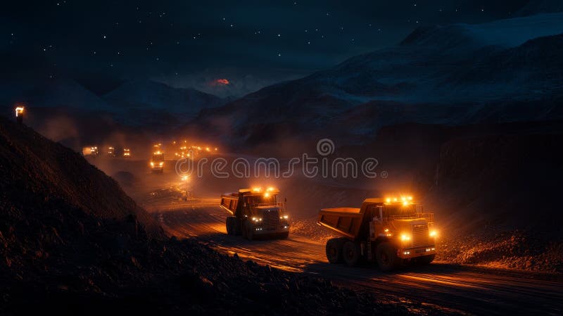 Night Shift Mining Operation AIcontrolled Trucks Futuristic Mining ...