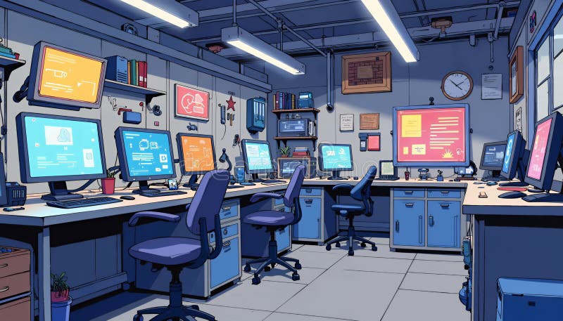 Night Shift: a Serene Anime-Style Tech Office Illustration Stock ...