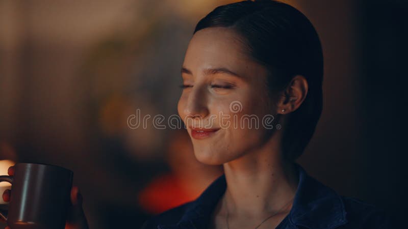 Night Shift Worker Drinking Coffee at Dark Workspace Closeup. Manager ...