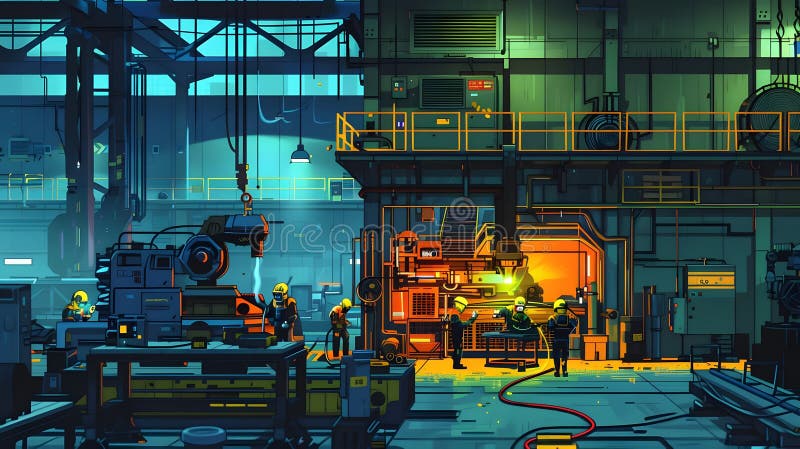 Night Shift Workers Operate Heavy Machinery in a Modern Factory ...
