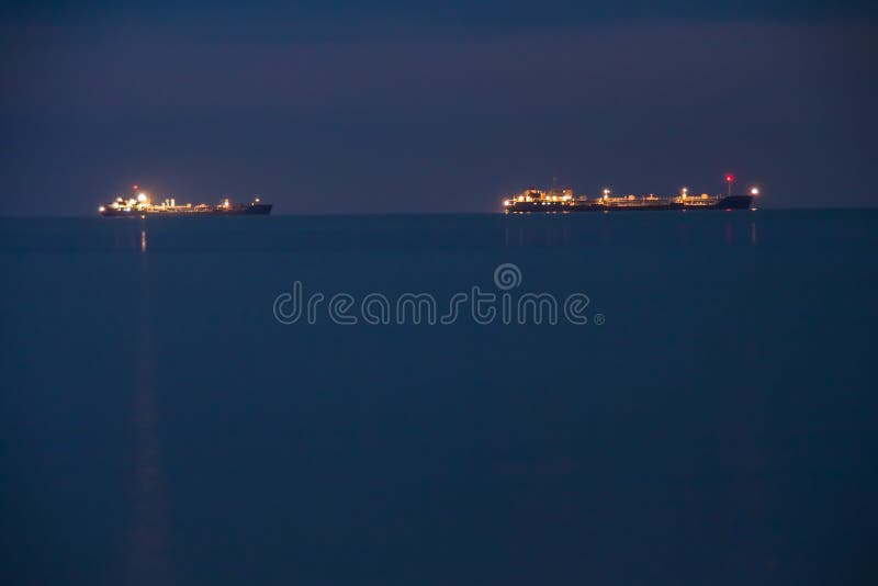 Night ship in the sea stock image. Image of deck, rope - 74366275