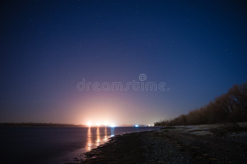 Night Shore and Barge Lights Stock Photo - Image of shore, evening ...