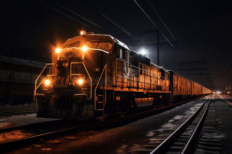 Night Shot of a Cargo Train Illuminated by Station Lights Stock Photo ...