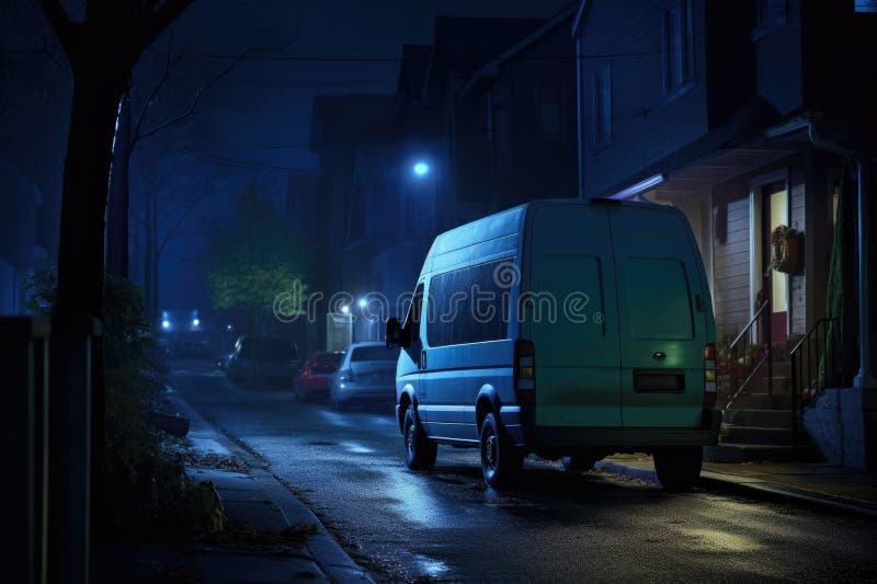 Night Shot of a Cargo Van on a Lit Street Stock Photo - Image of ...