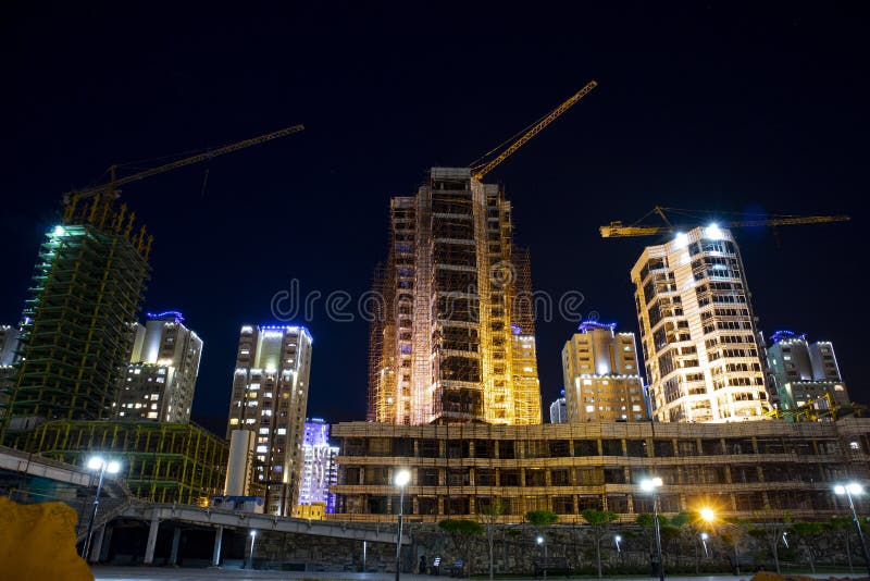 Construction Building Site at Night. Concrete Stock Photo - Image of ...