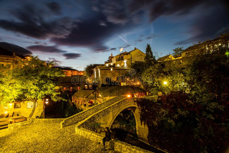 Mostar, Night, Skyline, Bridge, Kriva Cuprija, Sloping Bridge, Neretva ...