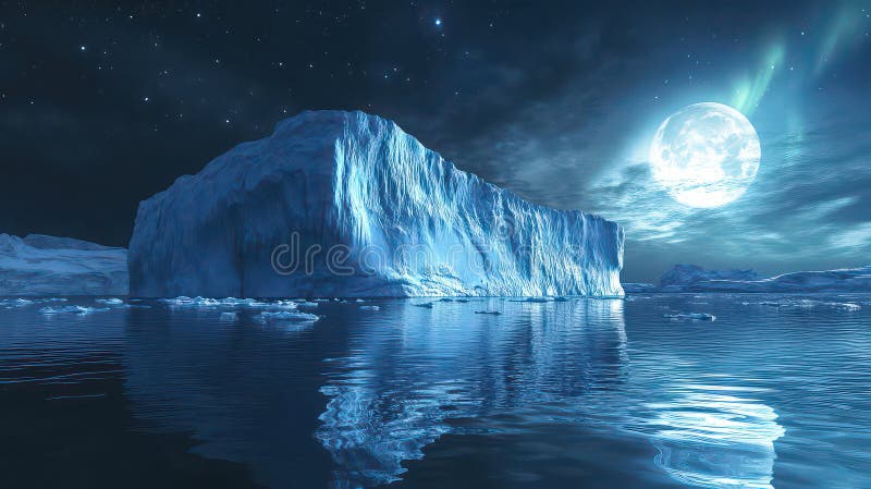 Night Shot of an Iceberg with a Bright Moon in the Sky. Stock ...