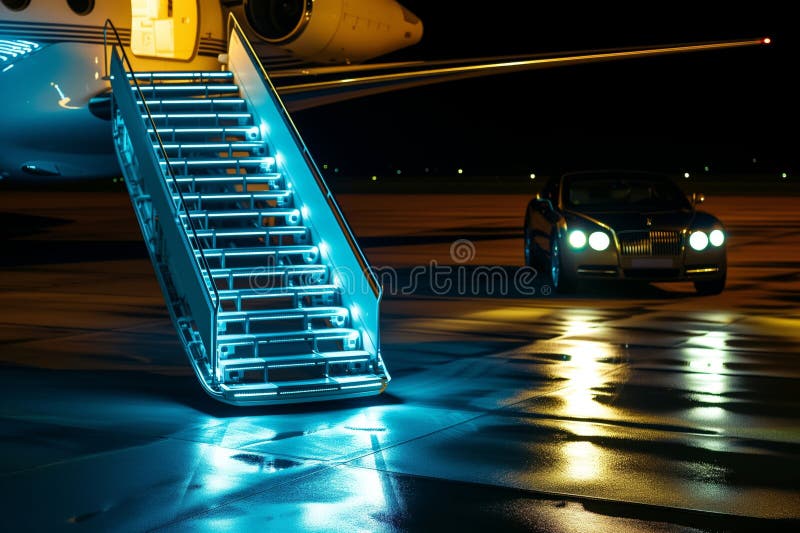 Night Shot of Illuminated Private Plane Stairs with Luxury Car ...