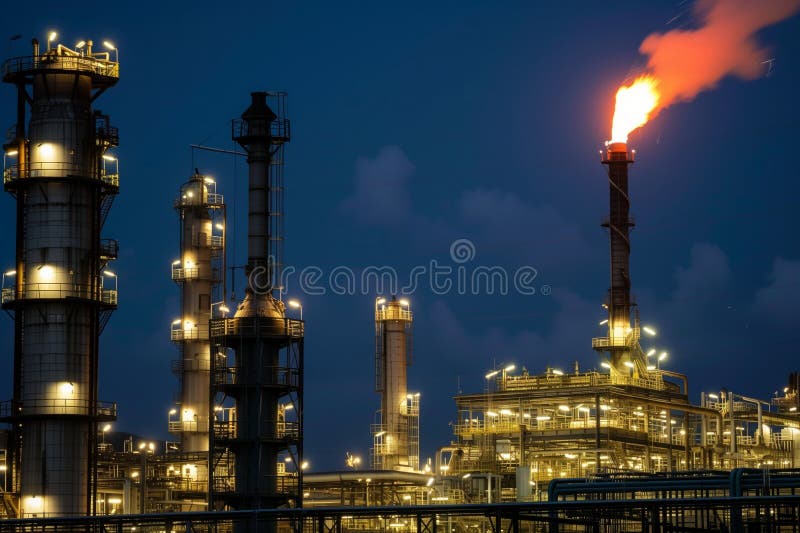 Night Shot of Illuminated Refinery Complex with Flare Stack Stock Image ...