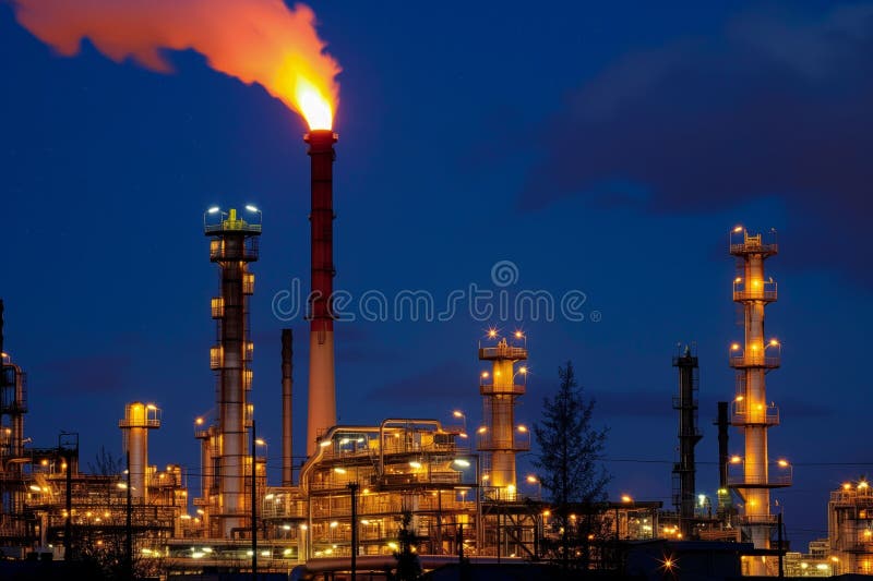 Night Shot of Illuminated Refinery Complex with Flare Stack Stock Photo ...