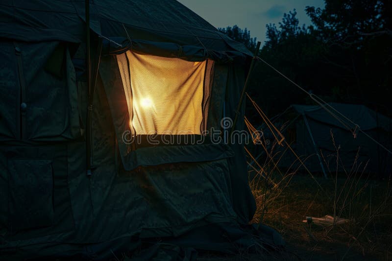 Night Shot of a Military Tent with a Glowing Light from within Stock ...