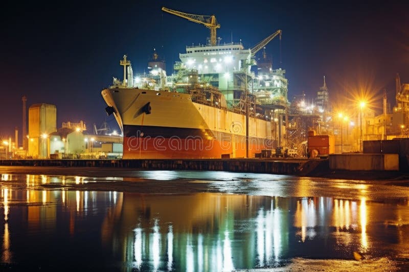 Night Shot of a Shipbuilding Yard Lit Up, with Cargo Ship in Progress ...