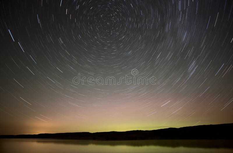 Night Shot Star Trails Lake Stock Image - Image of serene, rotation ...