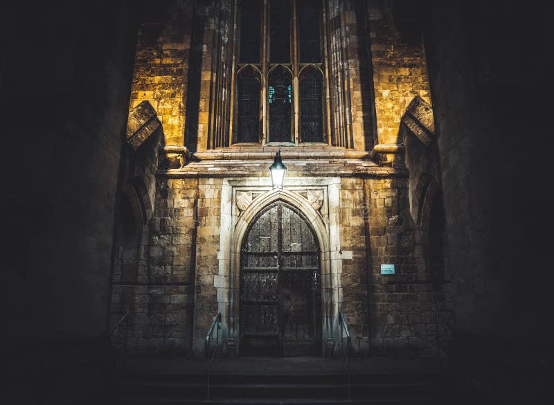 Night Shot of the Winchester Cathedral Entry Gates Stock Image - Image ...