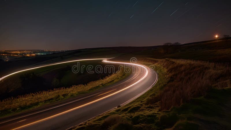 The Night Sky Above a Twisting Road Lit Up by a Multitude of Light ...