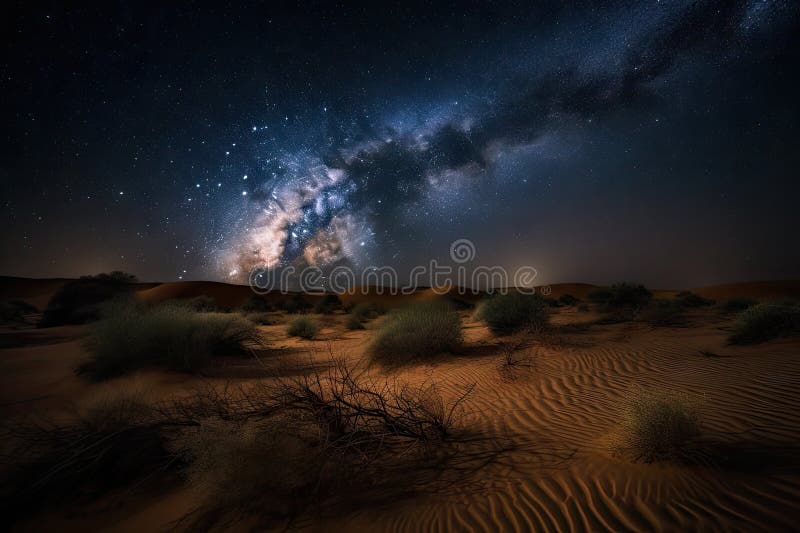Night Sky Above Vast Sandy Desert, with Starry Heavens and Moonlight ...