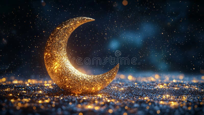 The Night Sky Adorned with a Golden Half-moon and a Sea of Stars Stock ...