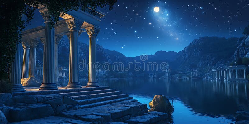 Night Sky Ancient Ruins Lake Fantasy Art Stock Illustration ...