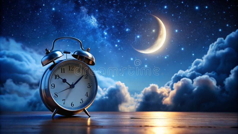 Night Sky Clock Crescent Moon, Alarm Clock on Wood Stock Illustration ...