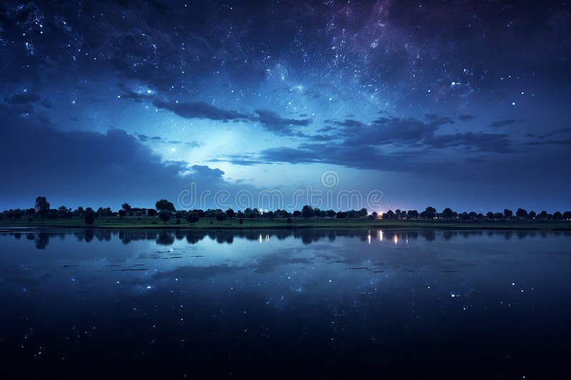 Night Sky Cloud Stars Galaxy Landscape with Reflection on Lake Water ...