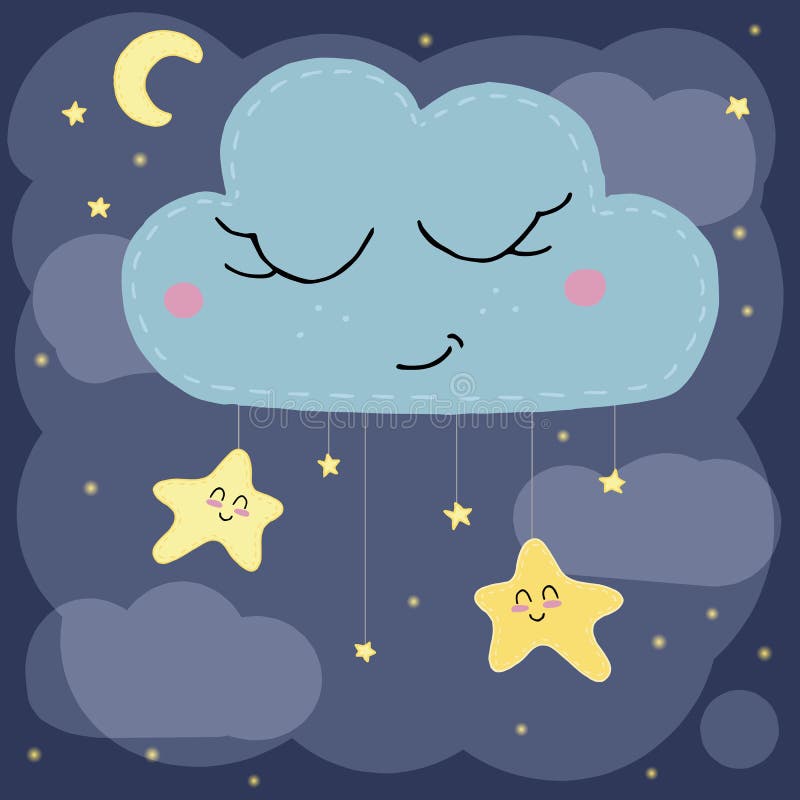 Night Sky and Cloud with Stars are Sleeping with Cute Elements, Kawaii ...