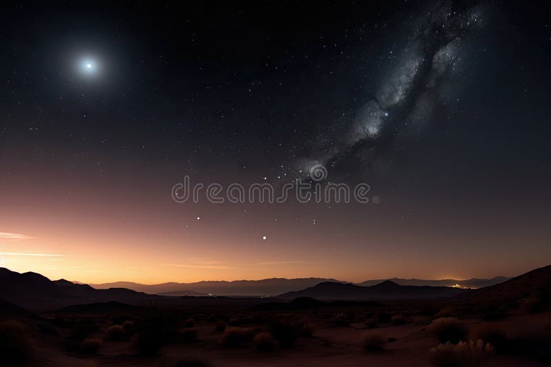 Night Sky with a Cluster of Stars and Crescent Moon Above the Desert ...