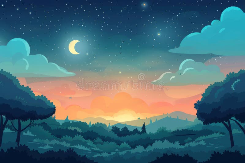 Night Sky with Crescent Moon Over a Forest and Hills Stock Illustration ...
