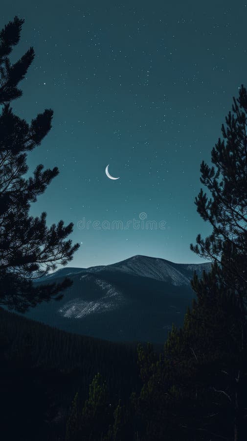 Night Sky with Crescent Moon and Starry Landscape in Mountains Stock ...