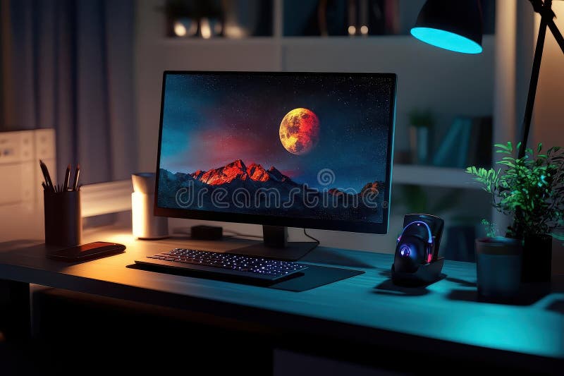 Night Sky Desktop Setup with Mountain Range and Moon, Gaming Headset ...