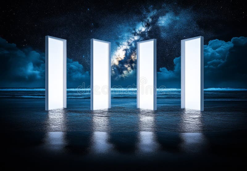 The Night Sky Features Glowing Pillars in the Desert with a Reflection ...