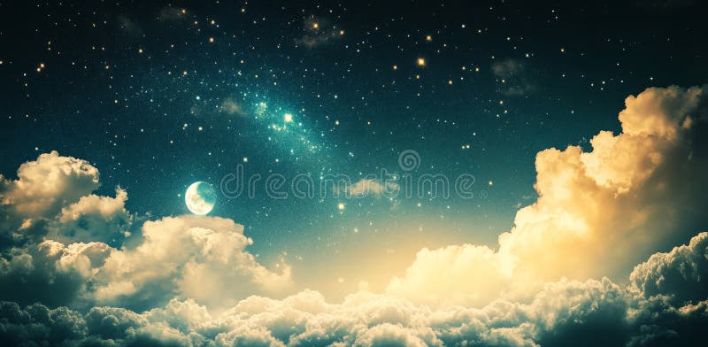 A Night Sky Featuring Two Moons and Stars, Set Above Clouds Stock Image ...