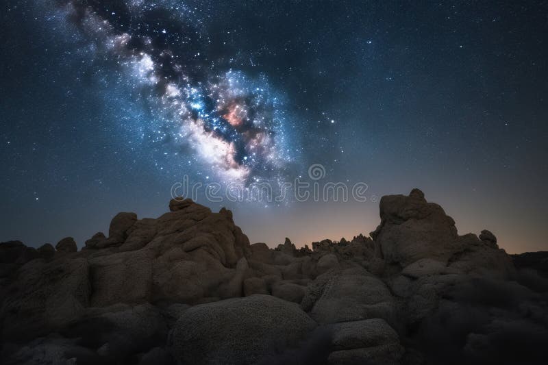 A Night Sky Filled with Stars and a Cluster of Rocks Stock Illustration ...