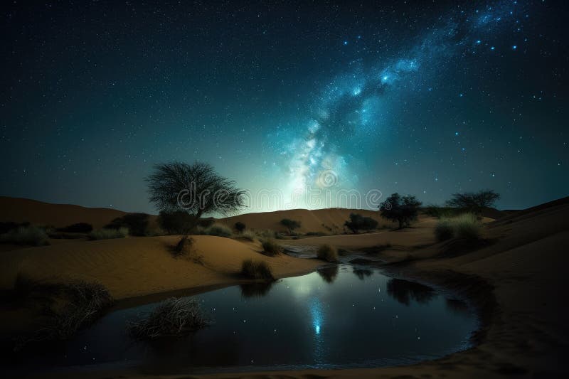 Night Sky Filled with Stars and Moon Over Deserted Oasis Stock ...