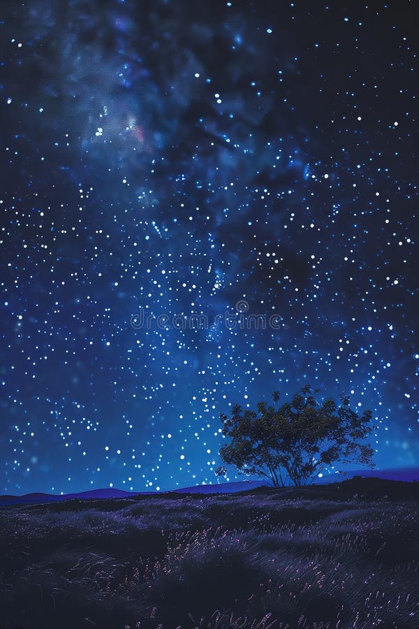 Night Sky Filled with Stars Over a Lone Tree in the Field Stock Photo ...
