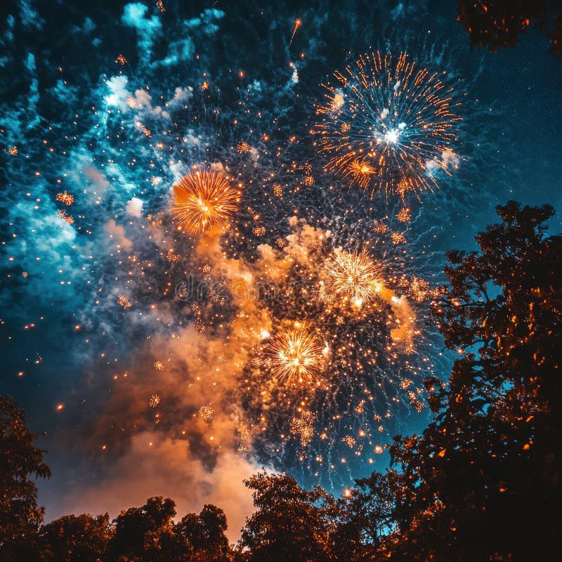 Vibrant Fireworks Display Over Silhouetted Trees at Night Stock ...