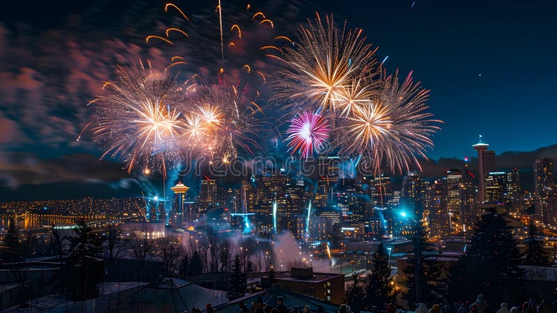Night Sky Fireworks Display Over City Skyline - Photo Stock ...