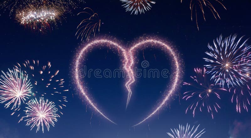 Night Sky with Fireworks Shaped As a Broken Heart.series Stock ...