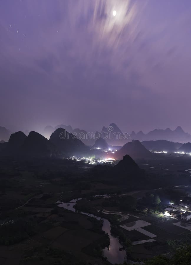 Night Sky and Fog in Yangshuo Farm Fields Stock Photo - Image of clouds ...