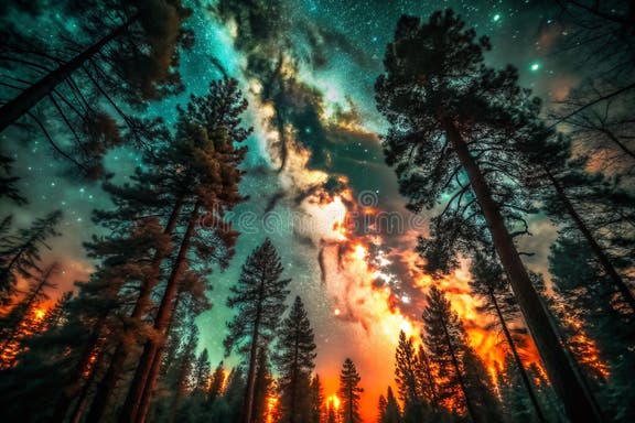 Night Sky Forest Fire Vibrant Colors Stock Illustration - Illustration ...